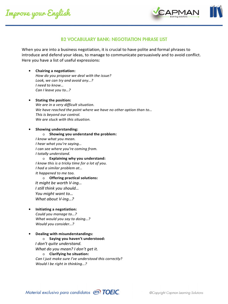 B2 - VOCABULARY - BANK-Negotiation - Phrases | PDF | Career & Growth