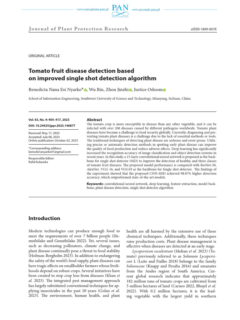 Tomato Fruit Disease Detection Based On Improved Single Shot Detection Algorithm | PDF ...