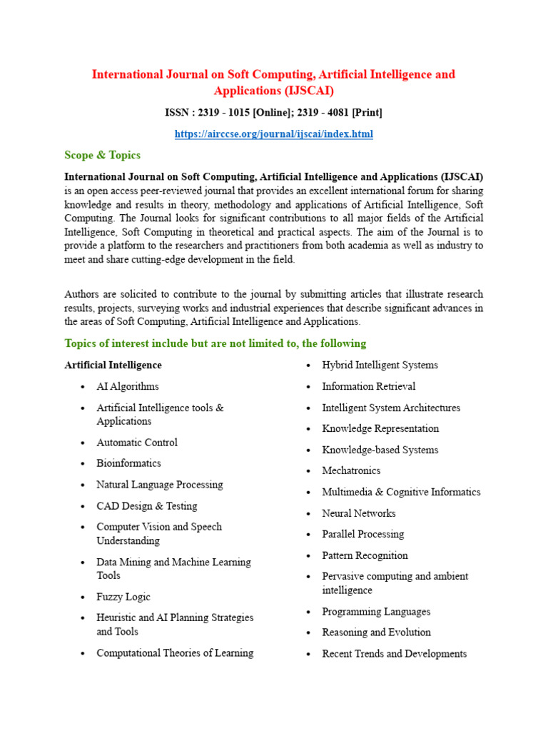 International Journal On Soft Computing, Artificial Intelligence and Applications (IJSCAI) | PDF ...