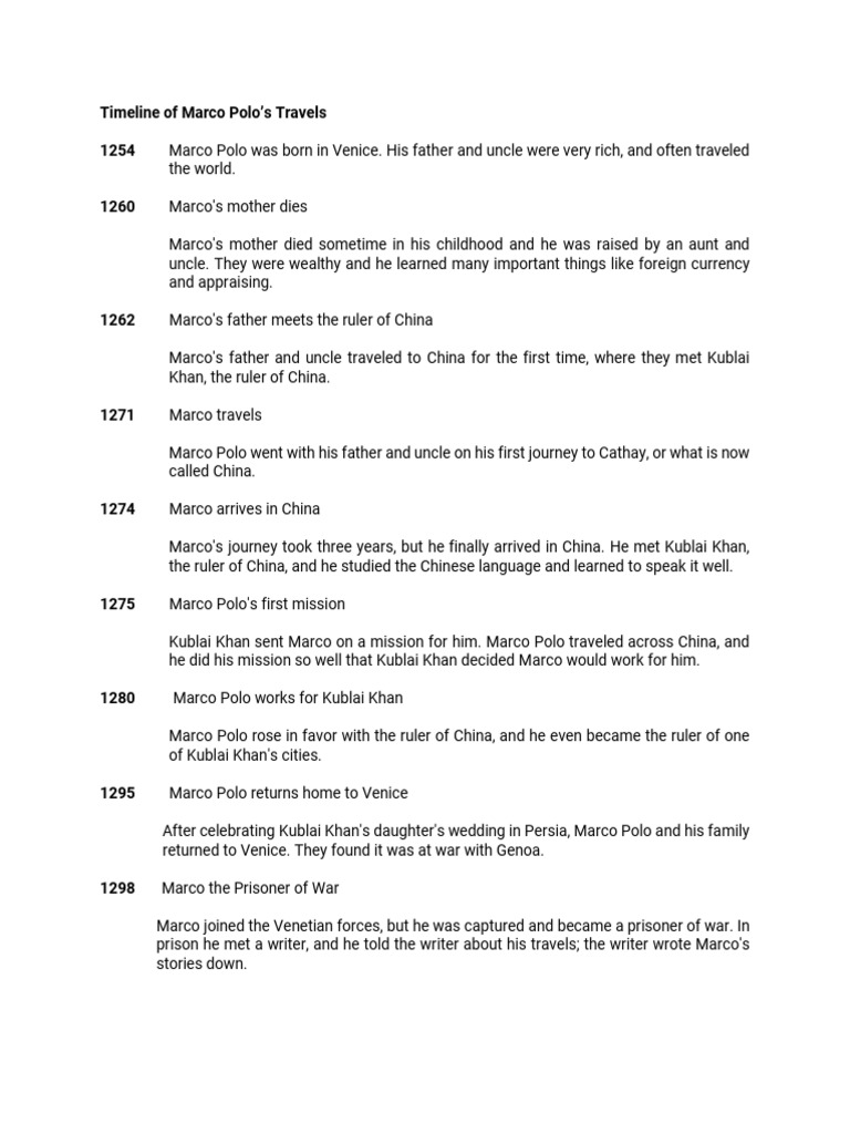Marco Polo's Travel Timeline | PDF | Marco Polo