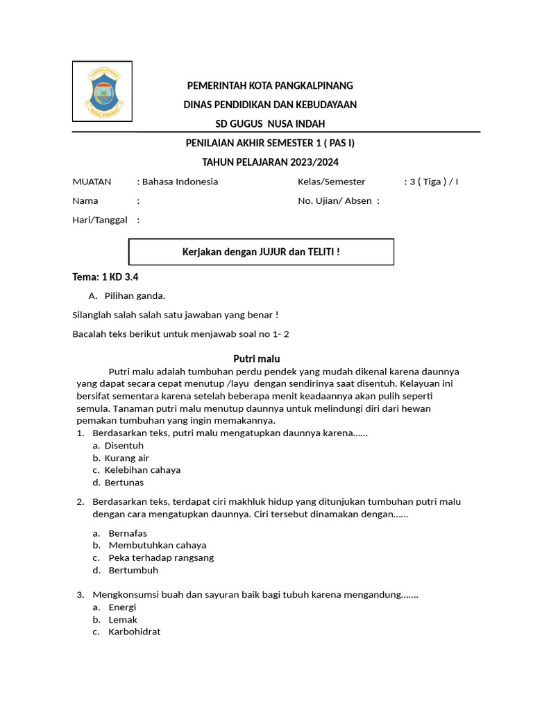 Soal Pat Bhs Indonesia Kls 3 | PDF | Seni & Disiplin Bahasa | Sains & Matematika