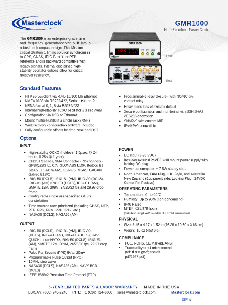 Masterclock GMR1000 Data Sheet REV A | PDF | Computer Engineering | Computer Networking