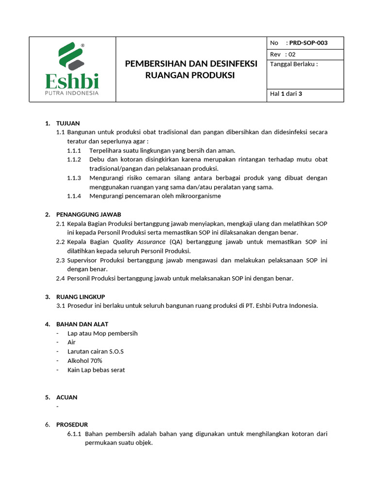 Prd-Sop-003 Pembersihan Dan Desinfeksi Ruangan Produksi | PDF
