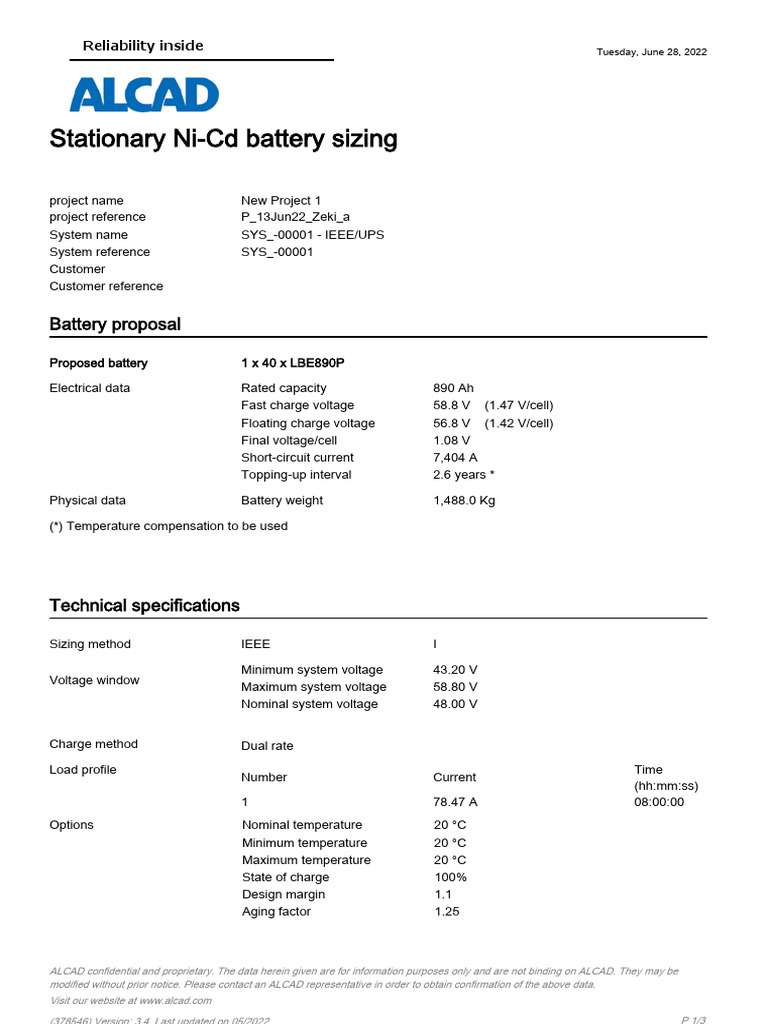 Q2206-0033-01-Batt. Sizing | PDF | Physical Quantities | Electric Power