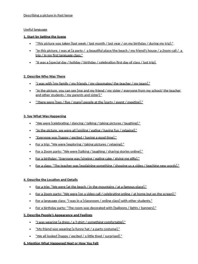 Picture Descriptions in Past Tense | PDF