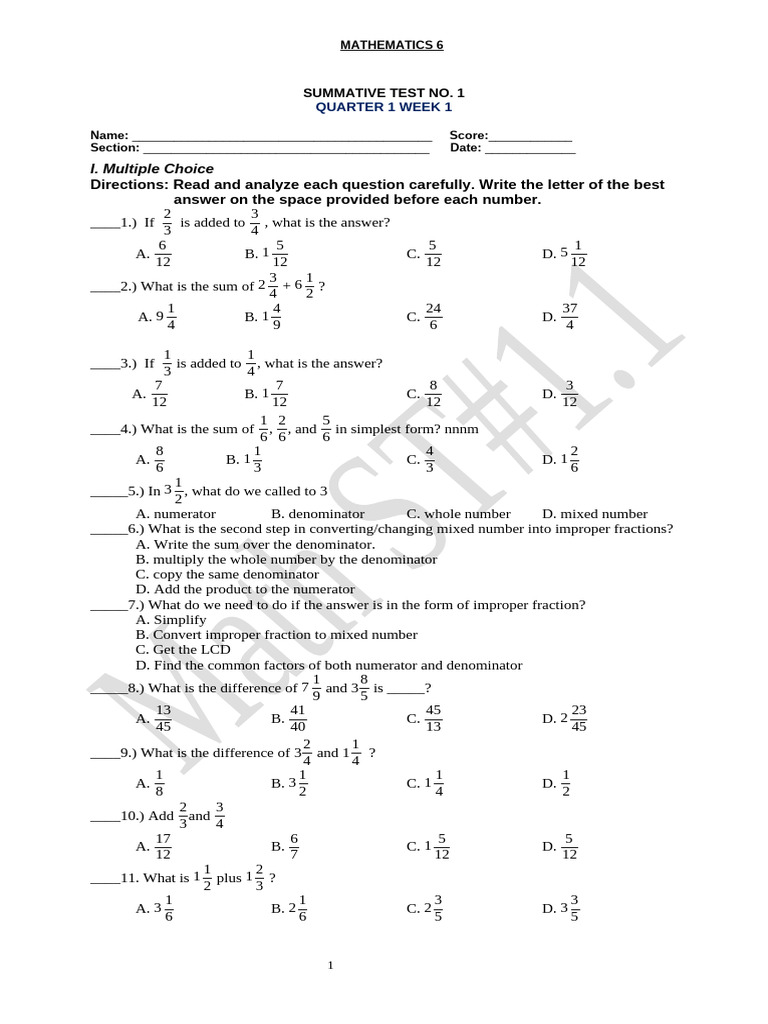 ST #1.1 - Week 1 (Add, Subtract & Multiplication of Fractions) | PDF | Mathematical Notation ...
