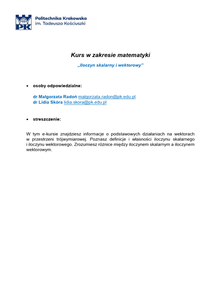 Iloczyn Skalarny I Wektorowy Matematyka Streszczenie | PDF