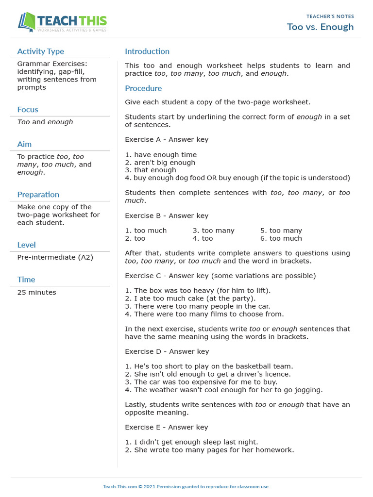 Too vs Enough Worksheet | PDF | Noun | Morphology