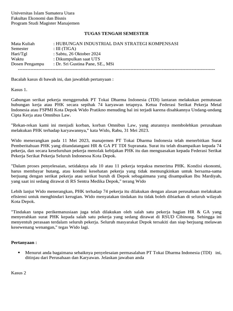 MM - Tugas Uts - Semester 3 - Hub Industrial Dan Strategi Kompensasi - 20242025 | PDF | Bisnis