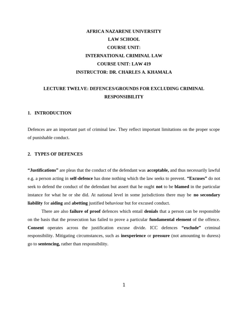 Lecture 12 International Criminal Law Defences and Other Grounds For ...