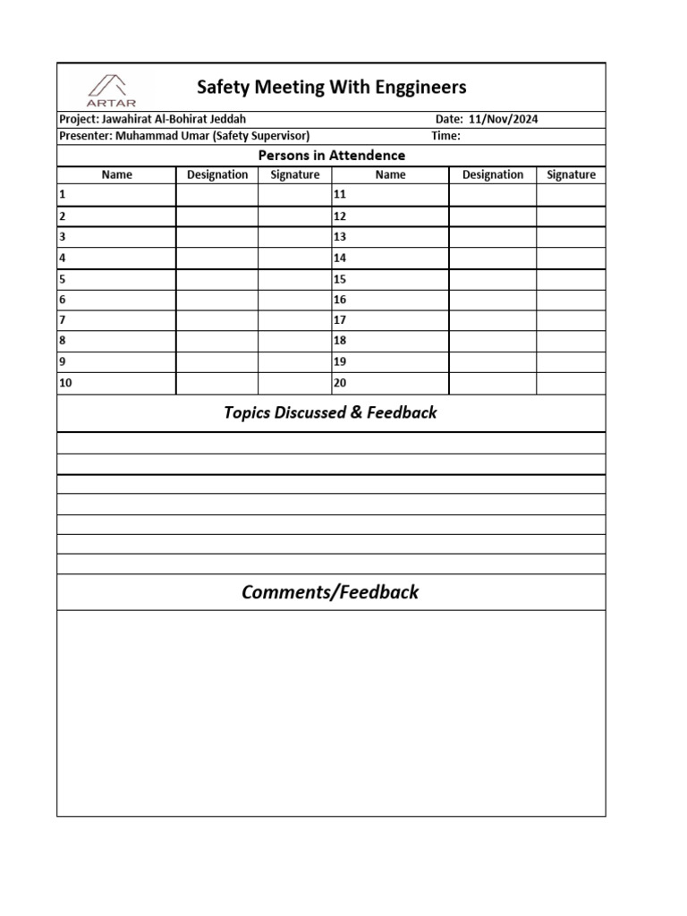 Safety Meeting Attendence Sheet | PDF
