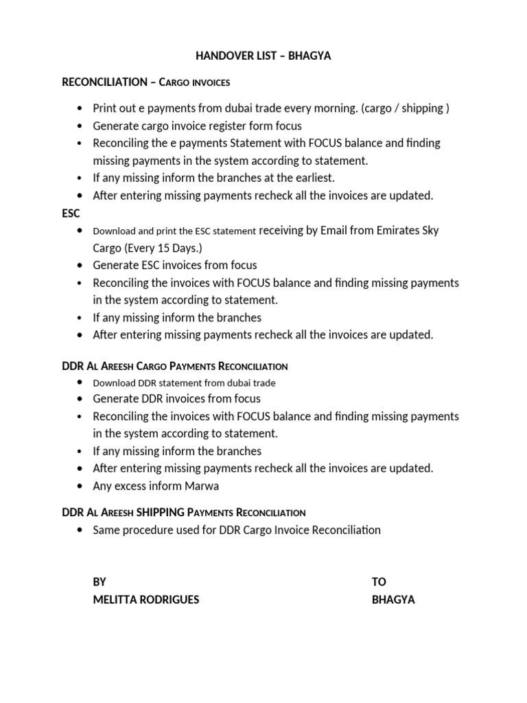 Handover List - Bhagya | PDF | Finance & Money Management