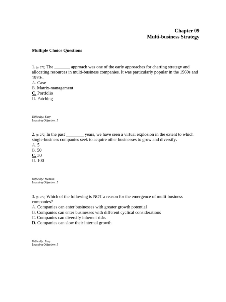 Multiple Choice Questions: Multi-Business Strategy | PDF | Economies ...