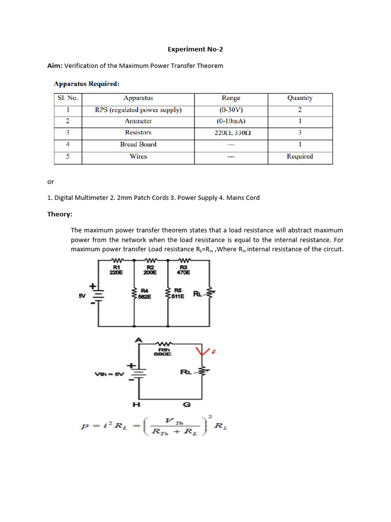 Maximum Power Transfer Theorem Experiment | PDF