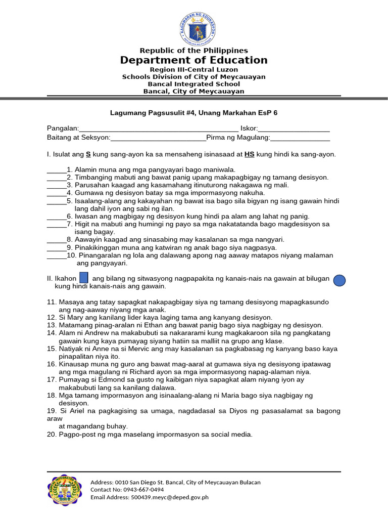 Summative Test4 q1 Esp Sci Math Mapeh 6 | PDF | Filtration | Water