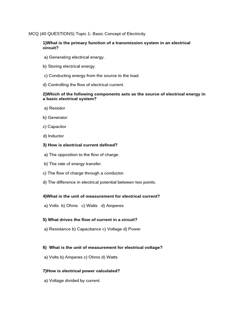 Basic Electricity MCQs for Class 10 | PDF | Capacitor | Electrical ...