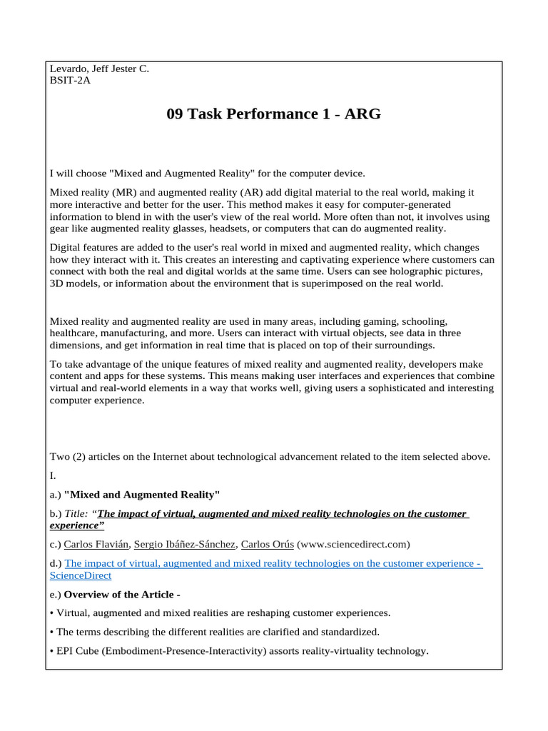 09 Task Performance 1 - ARG | PDF | Augmented Reality | Mixed Reality