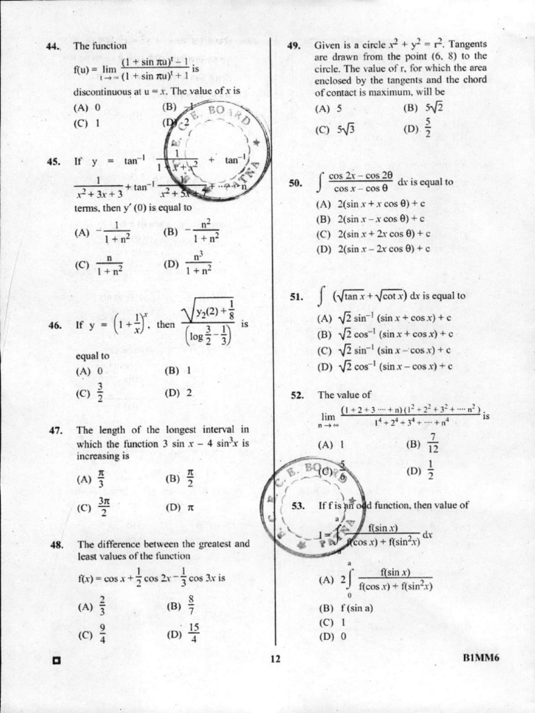 BCECE Math Sample Paper Part 2 | PDF