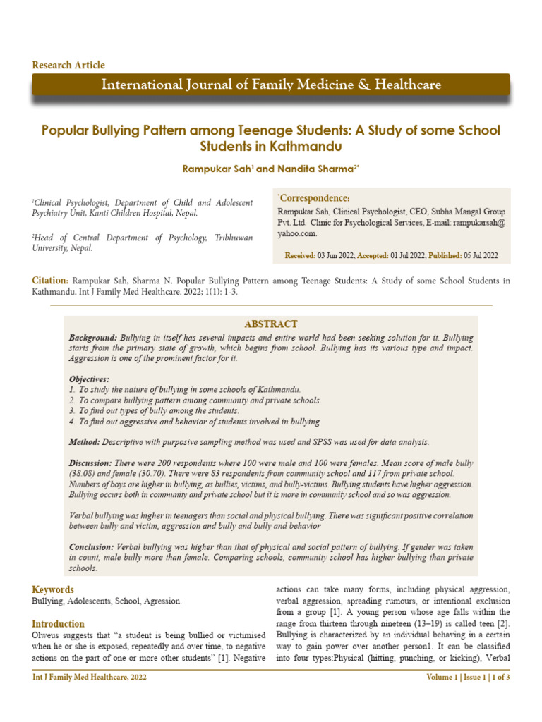 Popular Bullying Pattern Among Teenage Students A Study of Some School ...