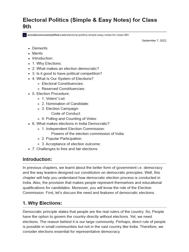 Electoral Politics (Simple & Easy Notes) For Class 9th | PDF ...
