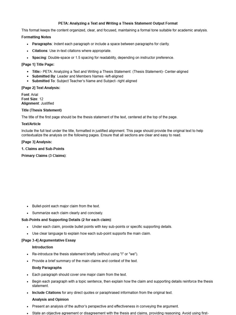 PETA Text Analysis and Thesis Guide | PDF | Paragraph | Thesis