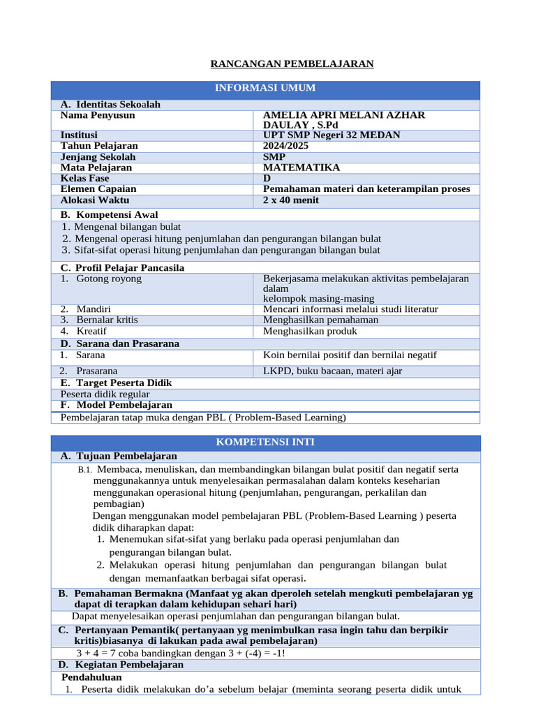 Modul Ajar Bilangan Bulat AMEL | PDF | Karier & Perkembangan