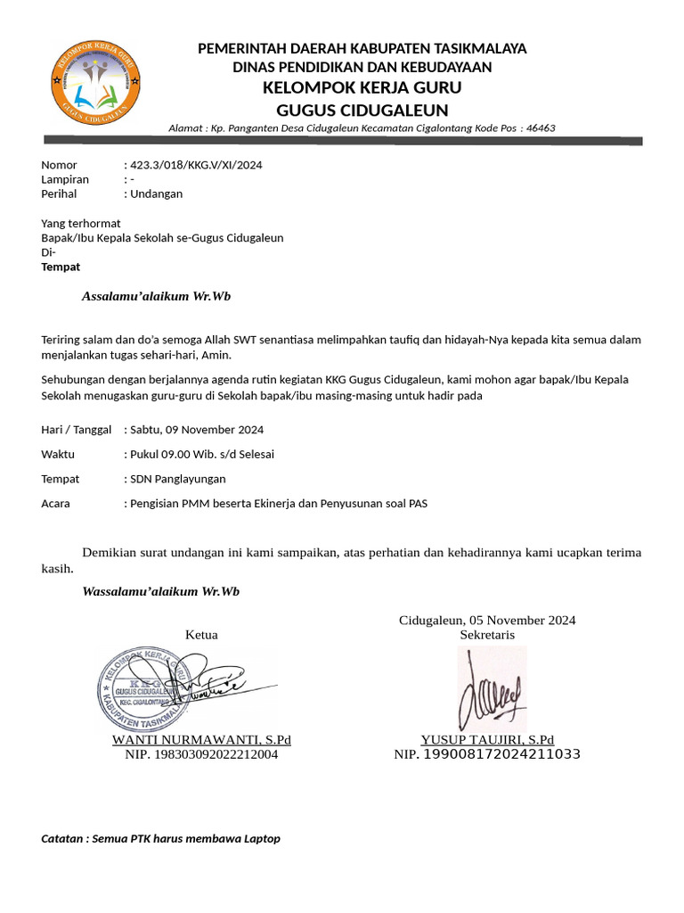 Surat Undangan KKG Gugus Cidugaleun 2024 B | PDF