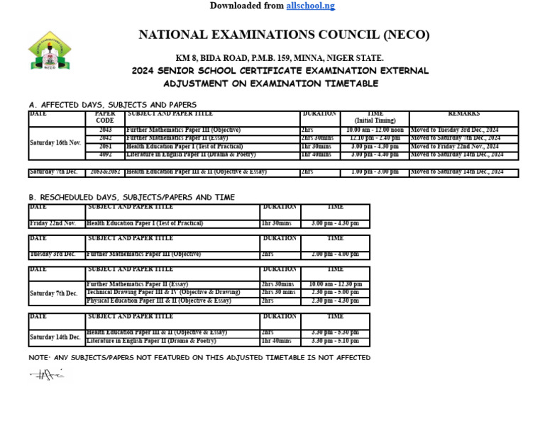 Rescheduled-2024neco Ssce-External-Timetable | PDF