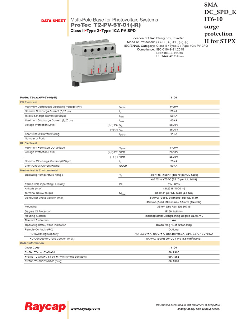 ProTec T2 PV Surge Protection Data Sheet | PDF | Electronics ...