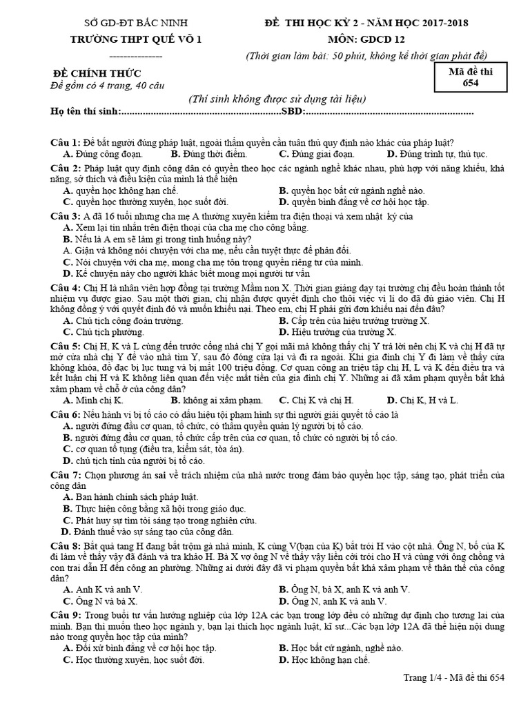De Thi Hoc Ky 2 GDCD 12 Nam 2017 2018 Truong THPT Que Vo 1 Bac Ninh | PDF