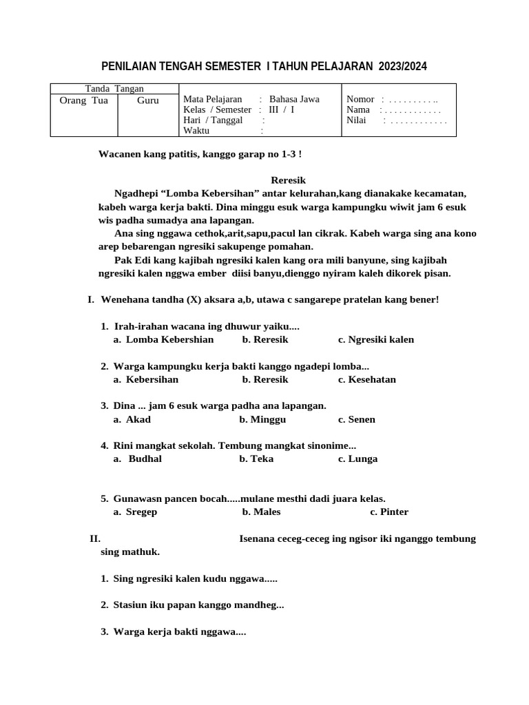 Soal PTS B.jawa Kelas 3 | PDF