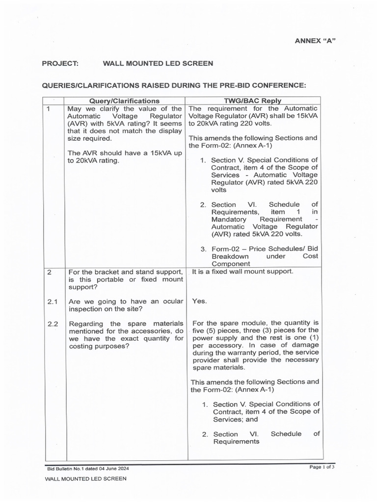 Annex A of Bid Bulletin No. 1 Dated 04 June 2024-Wall Mounted Led Screen | PDF