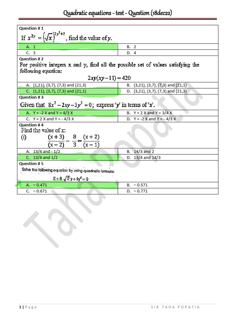 Quadratic Test Questions | PDF