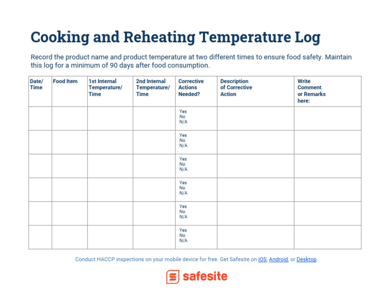 HACCP Cooking and Reheating Log Sheet | PDF