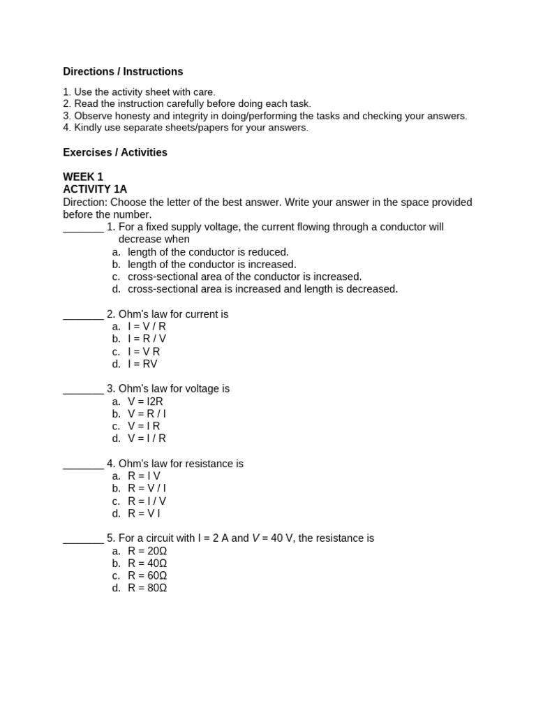 Q2 Ohms Law Activity | PDF | Electrical Resistance And Conductance ...
