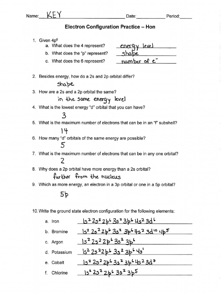 Electron Configuration Practice - Hon ANSWERS | PDF