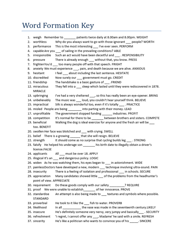 Word Formation Exercises and Answers | PDF