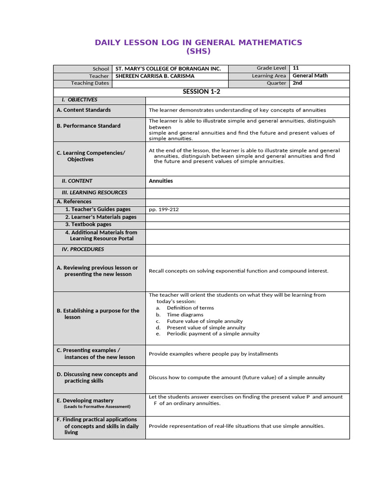 General Mathematics Daily Lesson Log | PDF | Function (Mathematics ...