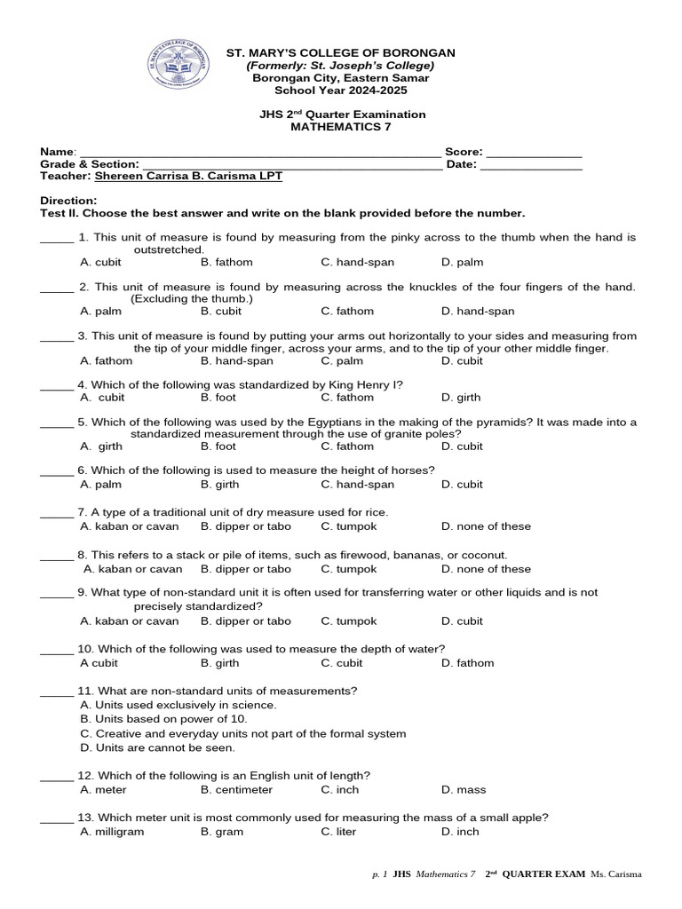 TQ 7 - 2nd Quarter Exam | PDF | Litre | Pound (Mass)