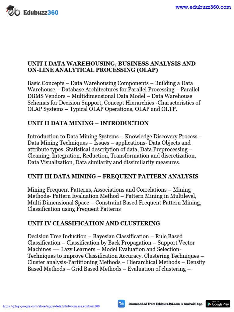 CS8075 DATA WAREHOUSING AND DATA MINING Syllabus | PDF | Cluster Analysis | Data Warehouse