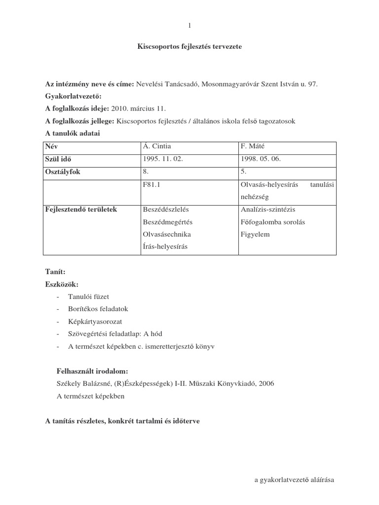 Tanitas Tervezet Suli Kiscsopfejl Felsos | PDF