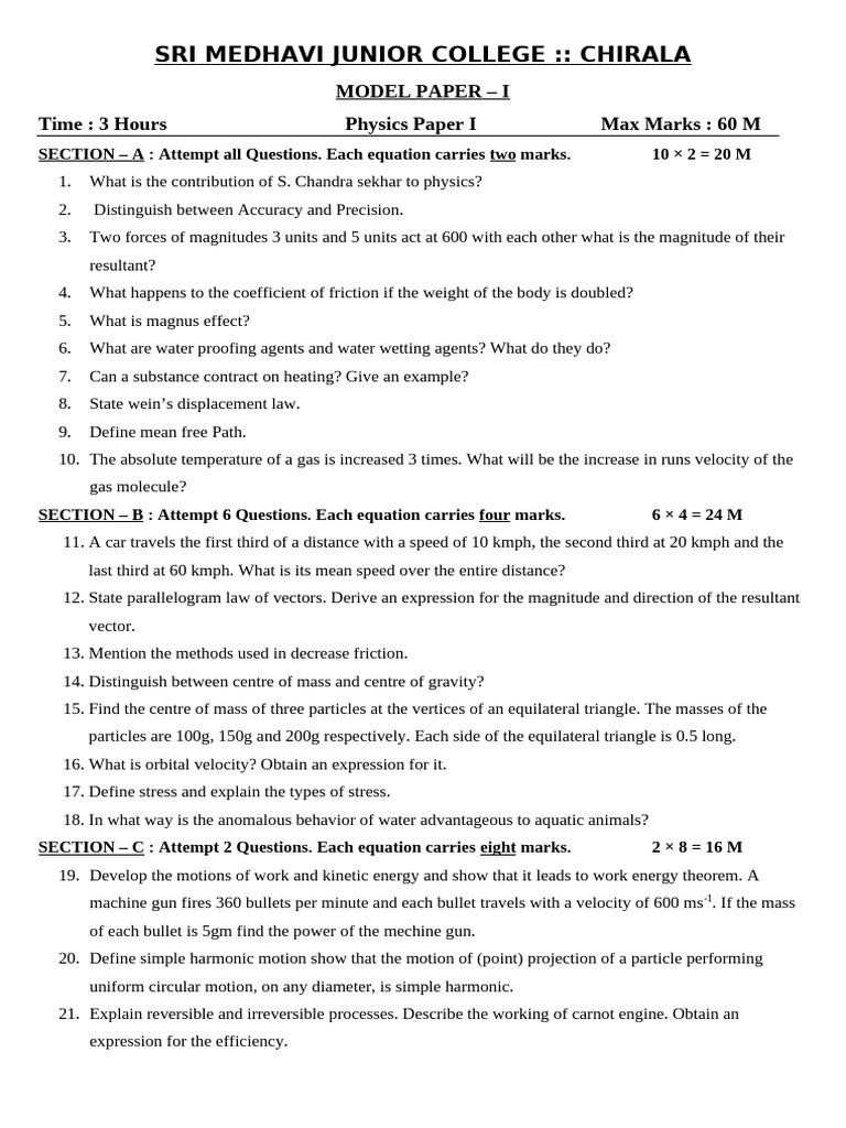 Physics Model Papers for Students | PDF | Torque | Gases