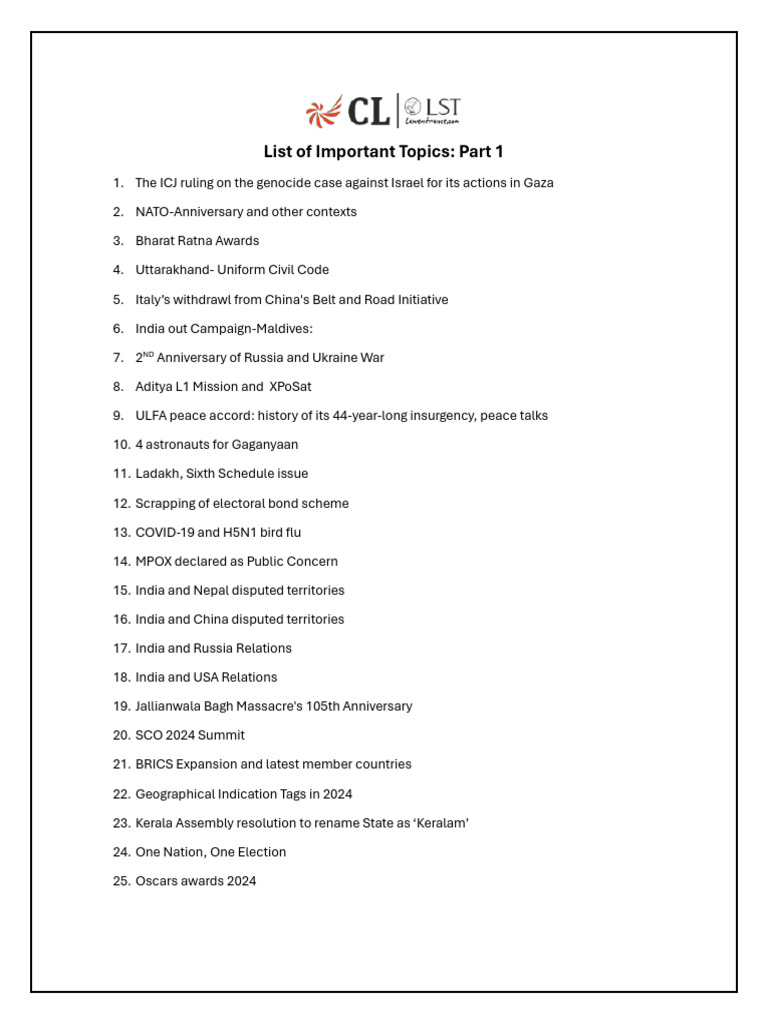 CLAT2025 List of Important Topics | PDF | Politics | Travel