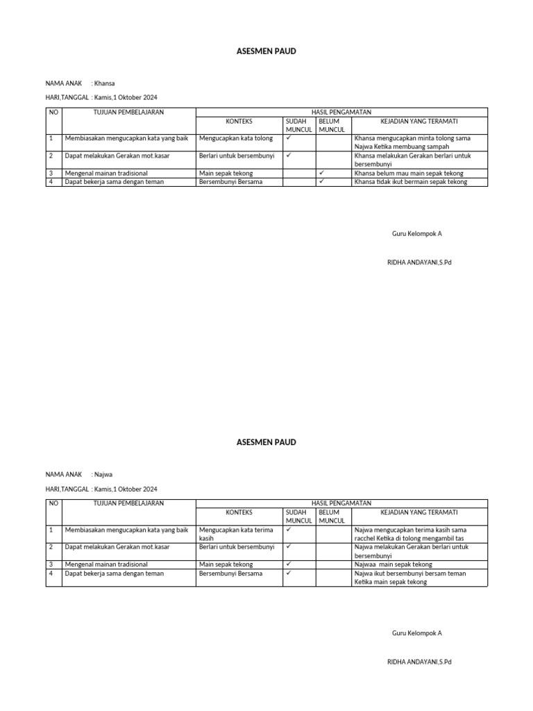 Asesmen Pembelajaran Tema Tanaman PAUD | PDF