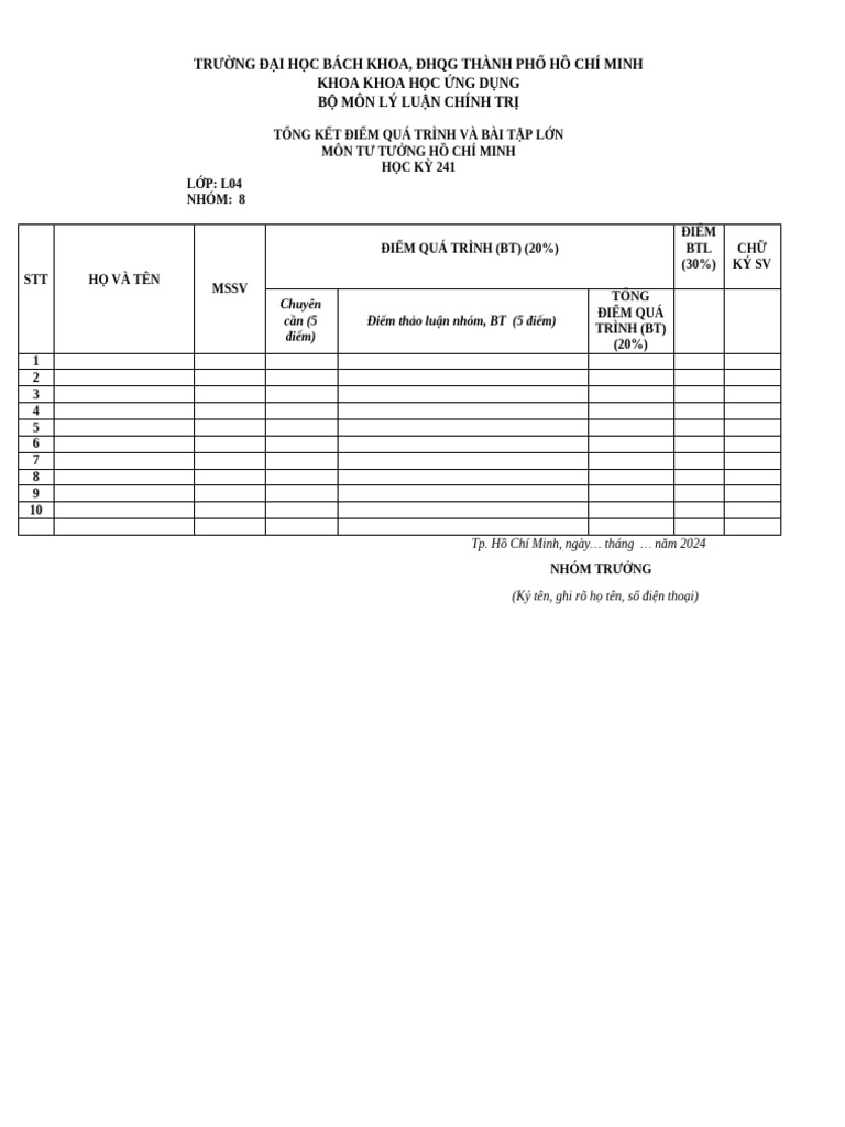 MẪU TỔNG KẾT QUÁ TRÌNH, BTL TTHCM | PDF