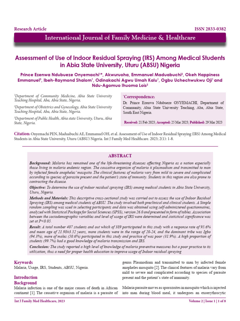 Assessment of Use of Indoor Residual Spraying Irs Among Medical ...