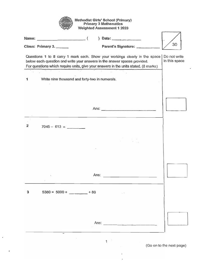 P3 Maths WA123 2023 MGS Exam Papers | PDF