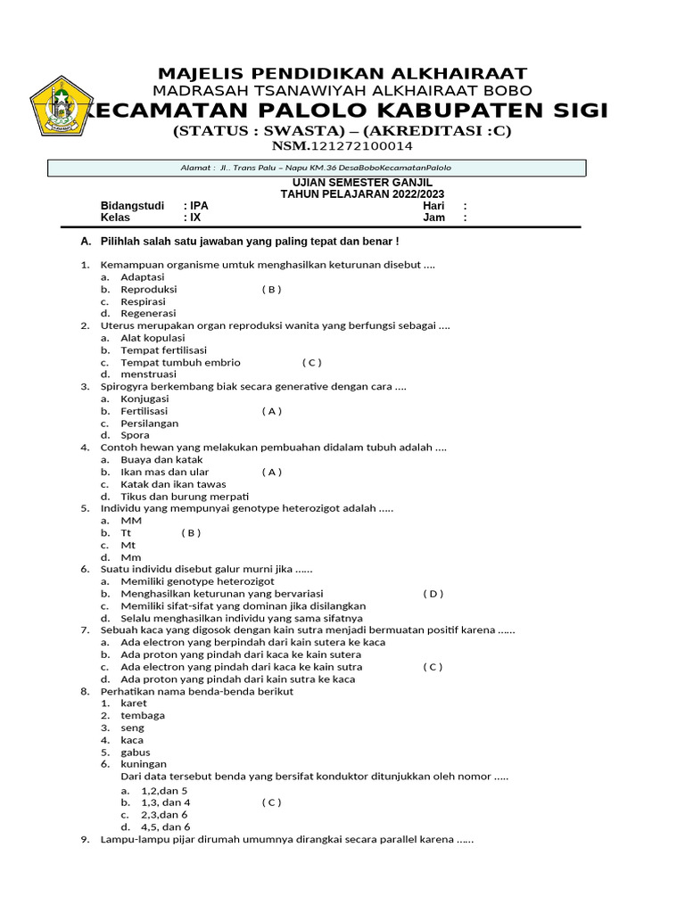 Soal IPA Kelas IX Semester Ganjil | PDF | Sains & Matematika