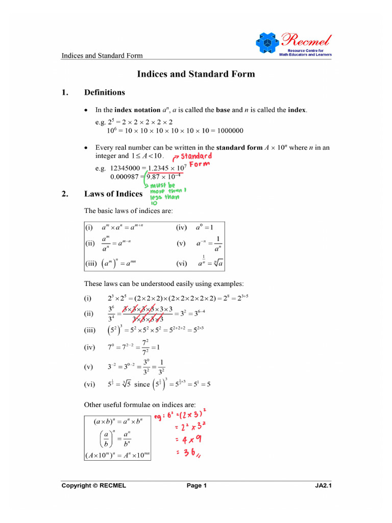 JA2.1 - Indices and Standard Form - S | PDF