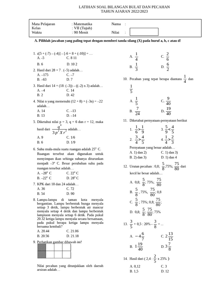 Latihan Soal Bilangan Bulat Dan Pecahan | PDF